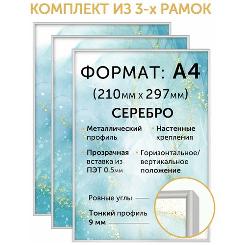 Комплект металлических рамок 21х30 (А4), 3 шт; Нельсон; цвет серебристый матовый