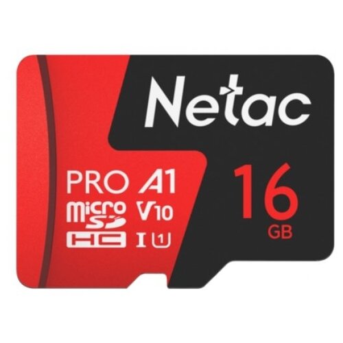 Карта памяти Netac microSDHC 16 ГБ Class 10, V10, A1, UHS-I U1, R 100 МБ/с, адаптер на SD, 1 шт., черный/красный