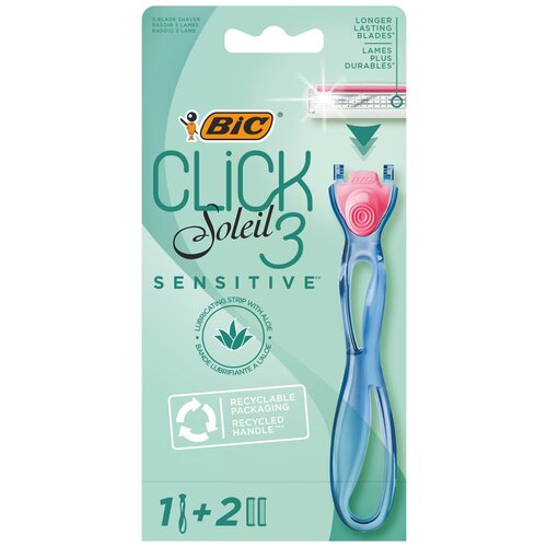 Бритва женская BIC, 3 подвижных лезвия, BIC Click 3 Soleil Sensitive, 1 ручка и 2 сменные кассеты