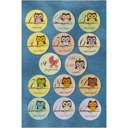 Карточки наклейки для фотосессии новорожденного по месяцам / детские наклейки для фото малыша / фотобутафория на выписку из роддома, 14 штук