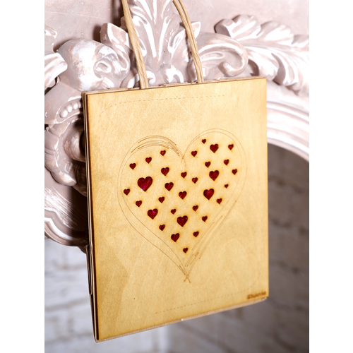 Деревянный подарочный пакет на крафтовой основе "Сердце" Bukovko / красивая упаковка подарков на свадьбу /маленький пакет для подарков 18х19 см