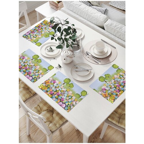 Салфетки на стол для сервировки прямоугольные, плейсмат JoyArty "Бабочки над цветочной поляной", 32x46 см, в комплекте 4шт.