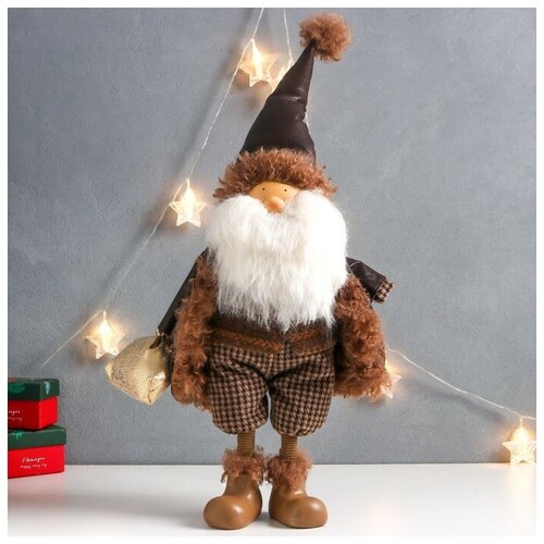 Кукла интерьерная "Дед Мороз в коричневой шубке с мешком подарков" 27х14х62 см