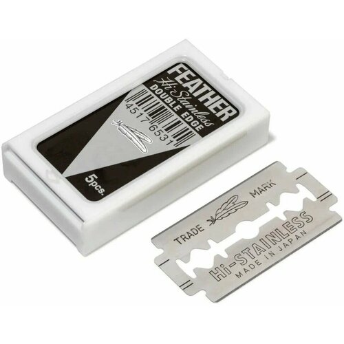 Двусторонние японские лезвия FEATHER чёрная упаковка "Hi-Stainless" Platinum для T-образных бритв и шаветок (1 упаковка - 5 лезвий)