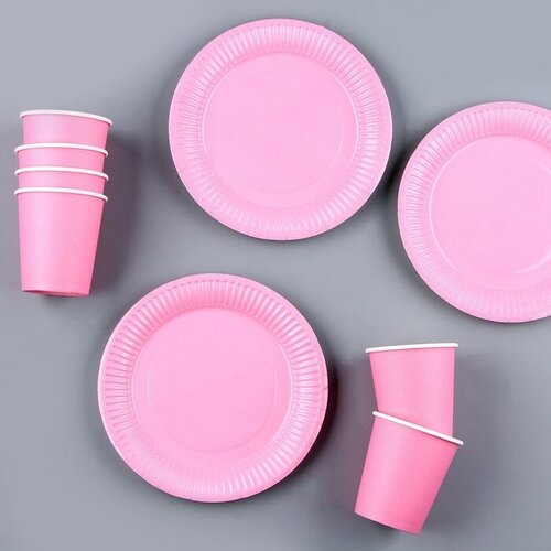 Набор бумажной посуды, 6 тарелок, 6 стаканов, цвет розовый