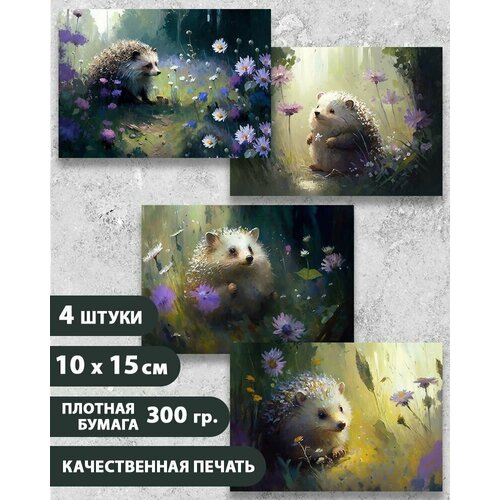 Набор открыток "Ежик в лесу", 10.5 см х 15 см, 4 шт, InspirationTime, на подарок и в коллекцию