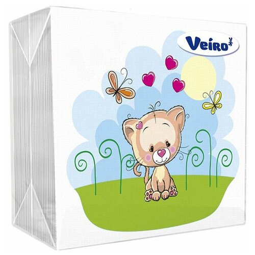 Салфетки бумажные Veiro 1 слойн, 24*24см, белые, с рисунком "Котик", 50шт.