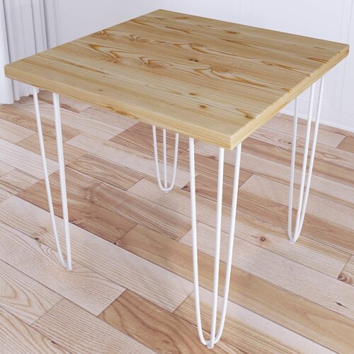Стол кухонный Loft с квадратный столешницей без покрытия из массива сосны 40 мм и белыми ножками-шпильками, 80x80х75 см