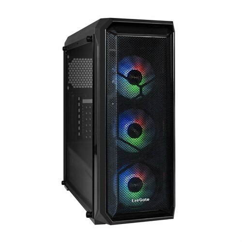 Корпус Miditower ExeGate i3 NEO (ATX, без БП, 2*USB+1*USB3.0, HD аудио, черный, 3 вент. 12см с RGB подсветкой, контроллер + ПДУ, ARGB MB кабель, пылевые фильтры, боковая панель - закаленное стекло) EX289023RUS