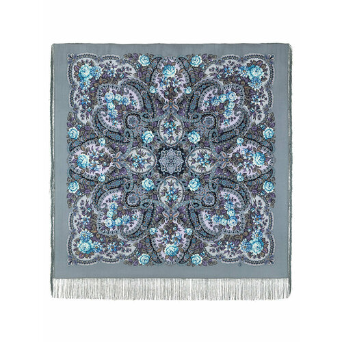 Платок Павловопосадская платочная мануфактура,125х125 см, серый, фиолетовый