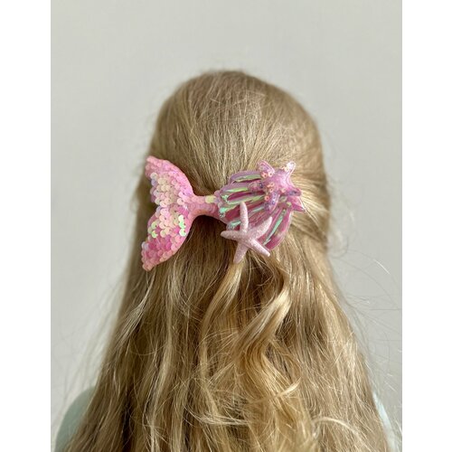 Красивая большая заколка для волос детская с блестящими паетками рыбий хвост русалки розовая EEbaby