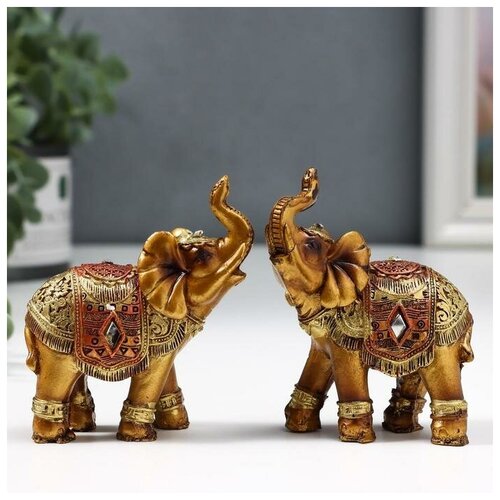 Сувенир полистоун "Африканский слон в золотой, ажурной попоне" микс 8,5х7х3 см, 2 штуки