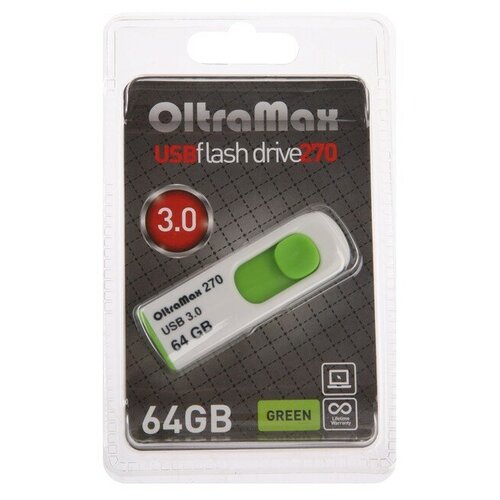 Флешка OltraMax 270, 64 Гб, USB3.0, чт до 70 Мб/с, зап до 20 Мб/с, зеленая