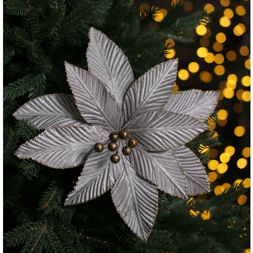 Цветок искусственный декоративный новогодний, диаметр 33 см, цвет серый