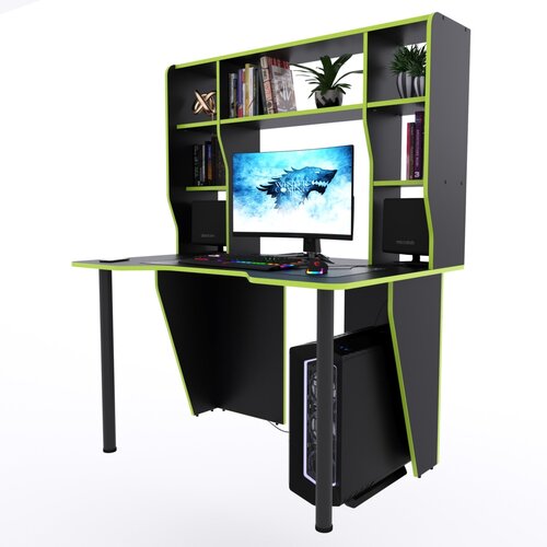 Компьютерный стол "Старк" с большой надстройкой, 140х90х152,6 см, чёрный с зелёной кромкой