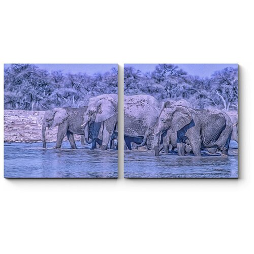 Модульная картина Африканские слоны на водопое 80x40
