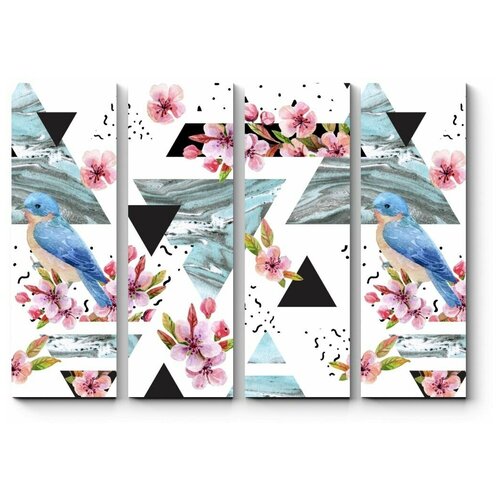 Модульная картина Птицы, цветы и треугольники 100x75