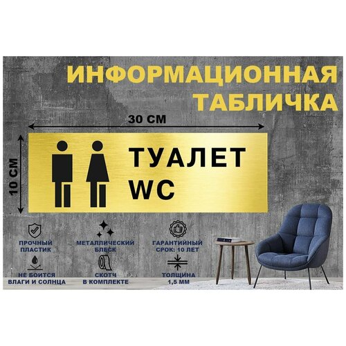 Табличка "туалет WC" на стену и дверь 300*100 мм с двусторонним скотчем