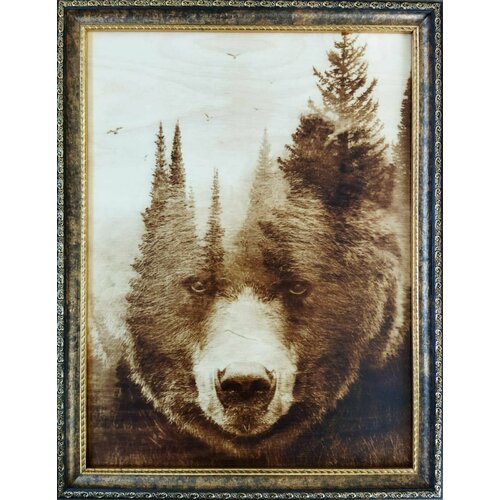 Красивая картина "Медведь 30*40см" на стену для интерьера в дом, выжженная на дереве. Оригинальный подарок на любой праздник.