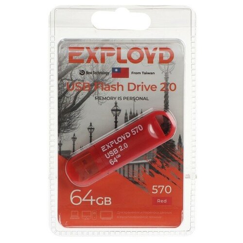 Флешка Exployd 570, 64 Гб, USB2.0, чт до 15 Мб/с, зап до 8 Мб/с, красная