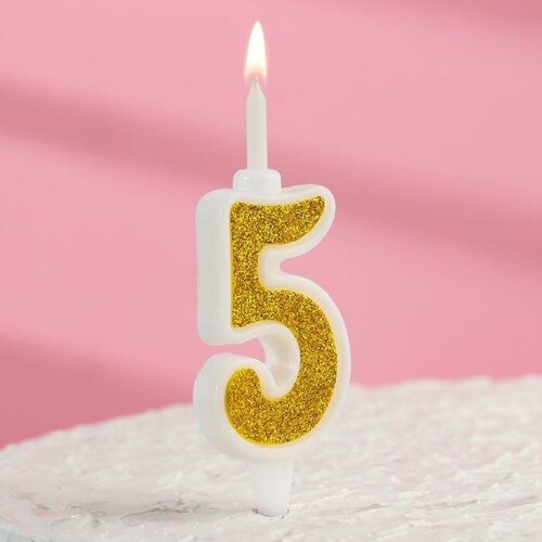 Свеча для торта "Суперблеск", 10,4 см, цифра "5", золотая блестка