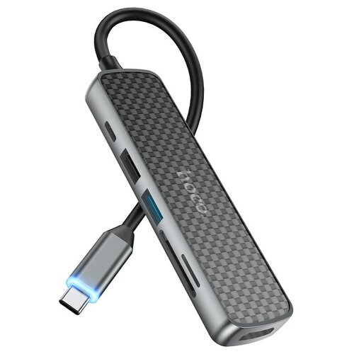 HUB адаптер 6 in 1 Hoco HB24, USB-C to USB3.0/2.0 + PD60W + HDMI 4K + SD/microSD металлический корпус,13 см кабель, Серый