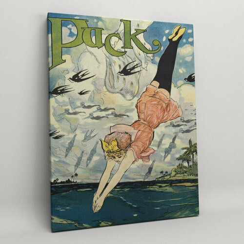 Картина на холсте (интерьерный постер) "Винтажный плакат - Puck - девушка прыгает в реку", с деревянным подрамником, размер 30x40 см
