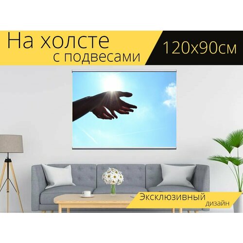 Картина на холсте "Руки, солнце, небо" с подвесами 120х90 см. для интерьера