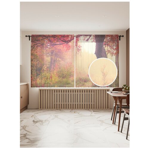 Тюль для кухни и спальни JoyArty "Туманные поиски", 2 полотна со шторной лентой шириной по 145 см, высота 180 см.