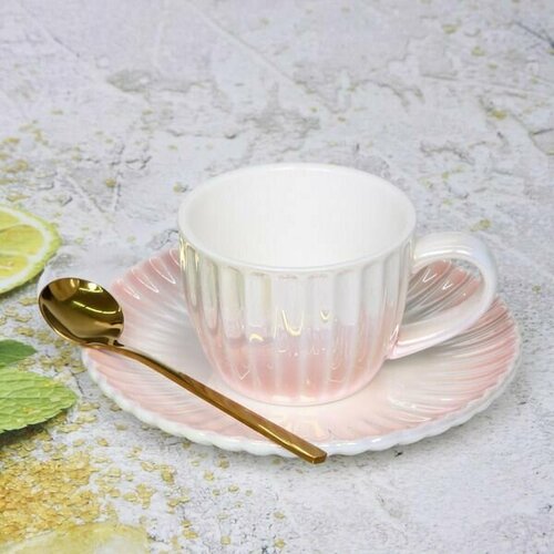 Чайная пара "Жемчужный блеск" (кружка 180мл, блюдце, ложка) розовый