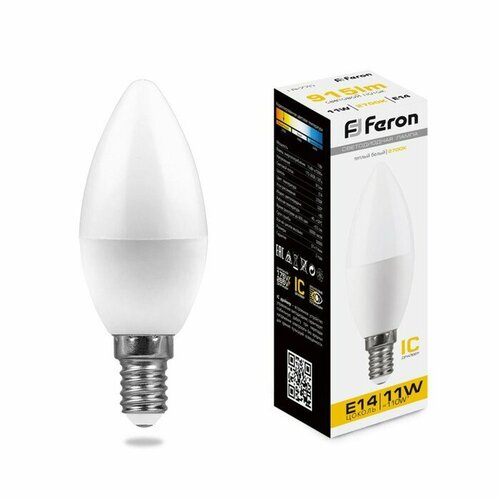 Лампа светодиодная FERON, C37, 11 Вт, E14, 915 Лм, 2700 К, 220°, 114х37, теплый белый