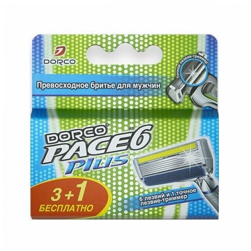 Сменные кассеты Dorco PACE6 Plus (4 кассеты), 6-лезвийные + лезвие-триммер, увл. полоса, крепление PACE