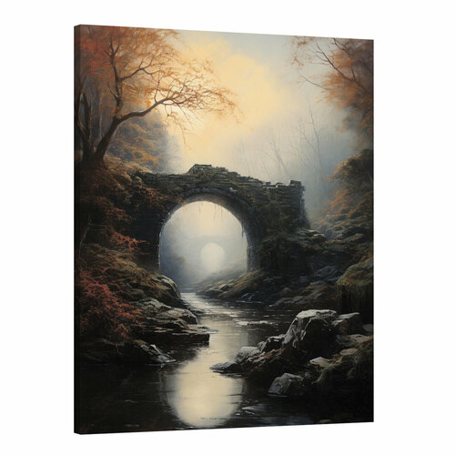 Интерьерная картина 50х70 "Пейзаж с мостом и рекой"