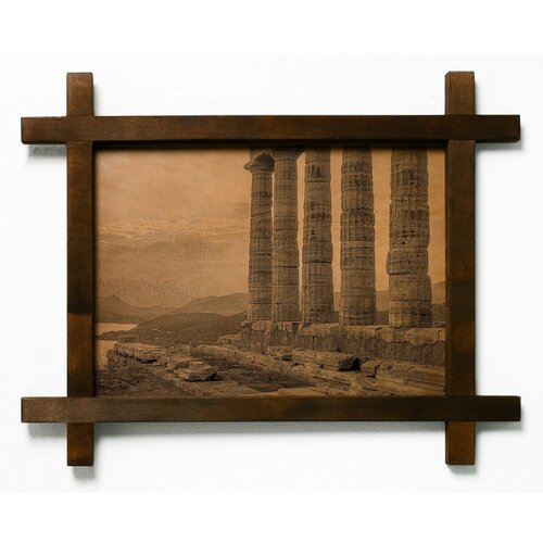 Картина Храм Посейдона, Греция, гравировка на натуральной коже, интерьерная для украшения и декора на стену в деревянной раме, подарок, BoomGift