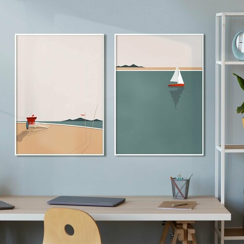 Плакат Постер 2 шт 50х70 без рамки "Море, пляж минимализм" набор картин для интерьера