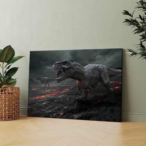 Картина на холсте (Динозавр с открытой пастью и огнем в земле) 60x80 см. Интерьерная, на стену.