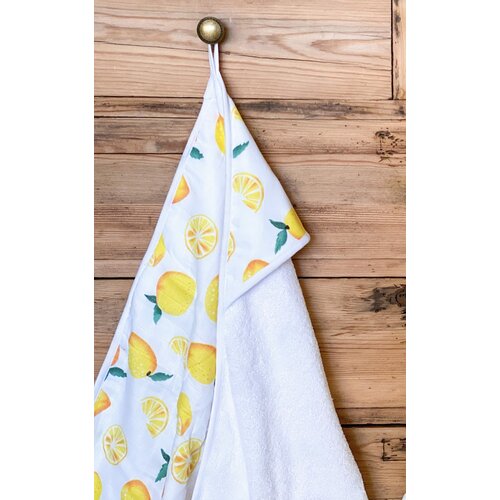 Детское двухстороннее полотенце с капюшоном махра/муслин Лимончики/белый 100*100 см.