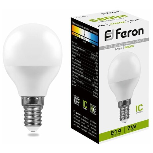 Лампа светодиодная Feron LB-95 25479, E14, G45, 7 Вт, 4000 К