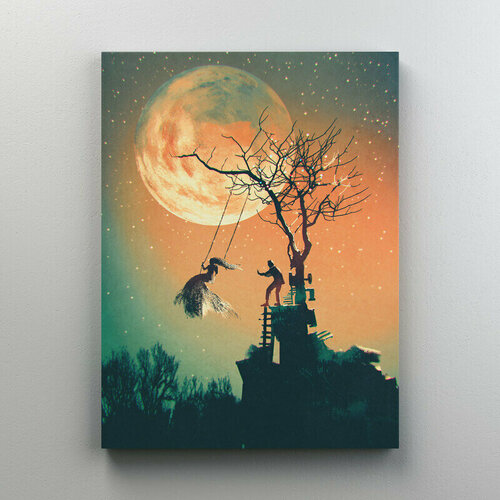 Интерьерная картина на холсте "Опасные качели у обрыва на фоне полной луны" размер 45x60 см