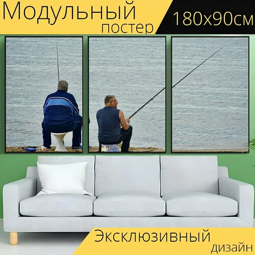 Модульный постер "Рыбаки, ловит рыбу, рыболовы" 180 x 90 см. для интерьера