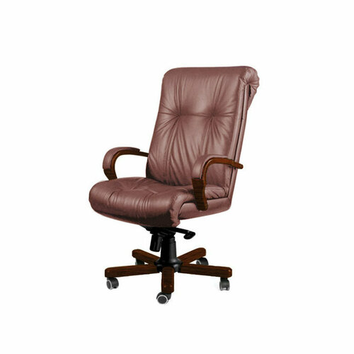 Кресло Алекс 1Д эко-кожа, цвет коричневый, высокая спинка, крестовина и подлокотники тёмный орех