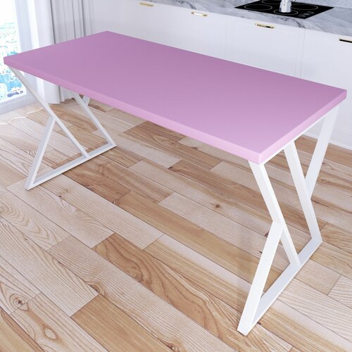 Стол кухонный Loft со столешницей розового цвета из массива сосны 40 мм и белыми металлическими Z-образными ножками, 130х60х75 см