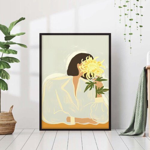 Постер "Девушка с желтым цветком" 40 на 50 в черной рамке / Картина для интерьера / Плакат / Постер на стену / Интерьерные картины