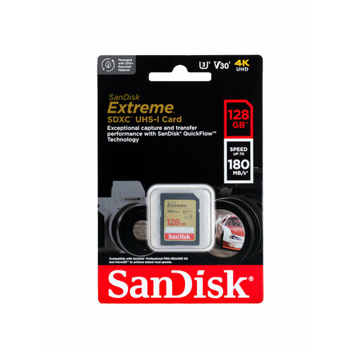 Карта памяти SanDisk Extreme SDXC 128 ГБ Class 10 UHS-I U3 V30 (R/W 180/90 Mb/s)