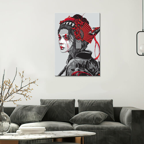 Интерьерная картина на холсте - Гейша в красно-серых тонах 20х30