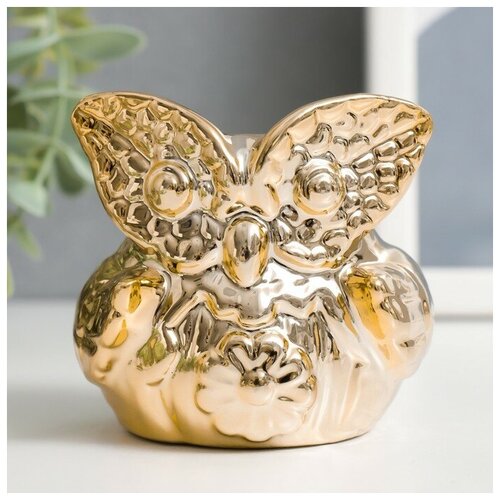 Подсвечник керамика на 1 свечу "Совёнок с ромашкой" золото 7х7х6,5 см