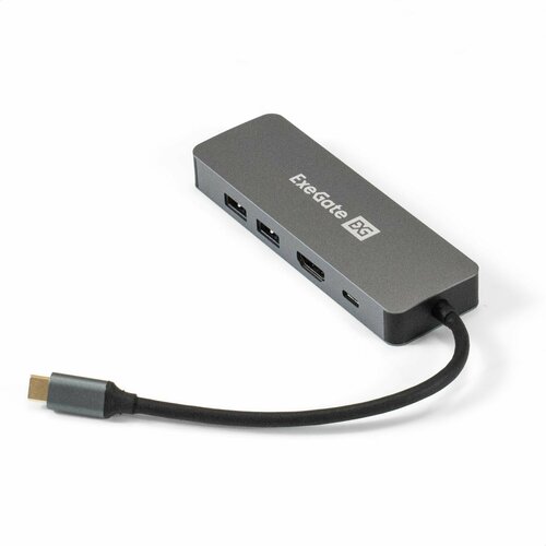 Док-станция 5-в-1 ExeGate DUB-21C/PD/HL (кабель-адаптер USB Type-C --> 2xUSB3.0 + PD 100W + HDMI 4K@60Hz + Lan RJ45 10/100/1000Mb, Plug&Play, серая) EX293982RUS