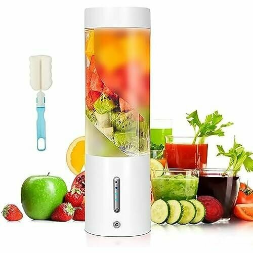 Блендер KMVIZI Smoothie Maker, бутылка для смешивания свежевыжатого сока емкостью 450 мл с перезаряжаемым мини-блендером с 6 острыми лезвиями емкостью 4000 мАч и силиконовой трубочкой, подходит для путешествий, для домашнего использования (белый)