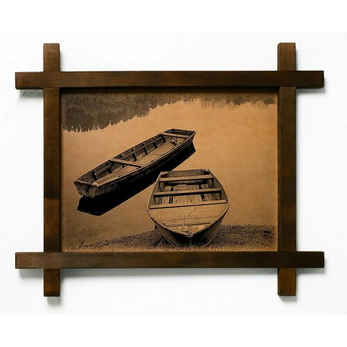 Картина "Лодки", интерьерная для украшения и декора на стену кухни гостиной детской комнаты спальни в деревянной рамке, подарок, натуральная кожа, BoomGift