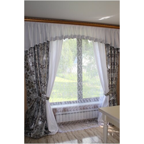 Комплект штор для комнаты Арка (цветы серебро + белый), жаккард + тафта, высота 275 см, по ленте регулируется до 3,5 м